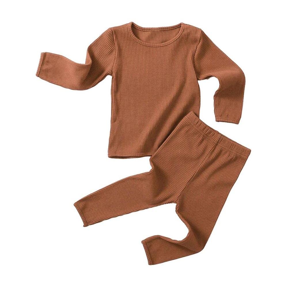 Baby Boys Girls Organic Soft Comfy Cotton Fall Winter Clothes Pants 2-Piece Pajama Set Solid Color Outfit (Brown, 12-18 Months(Size 80))