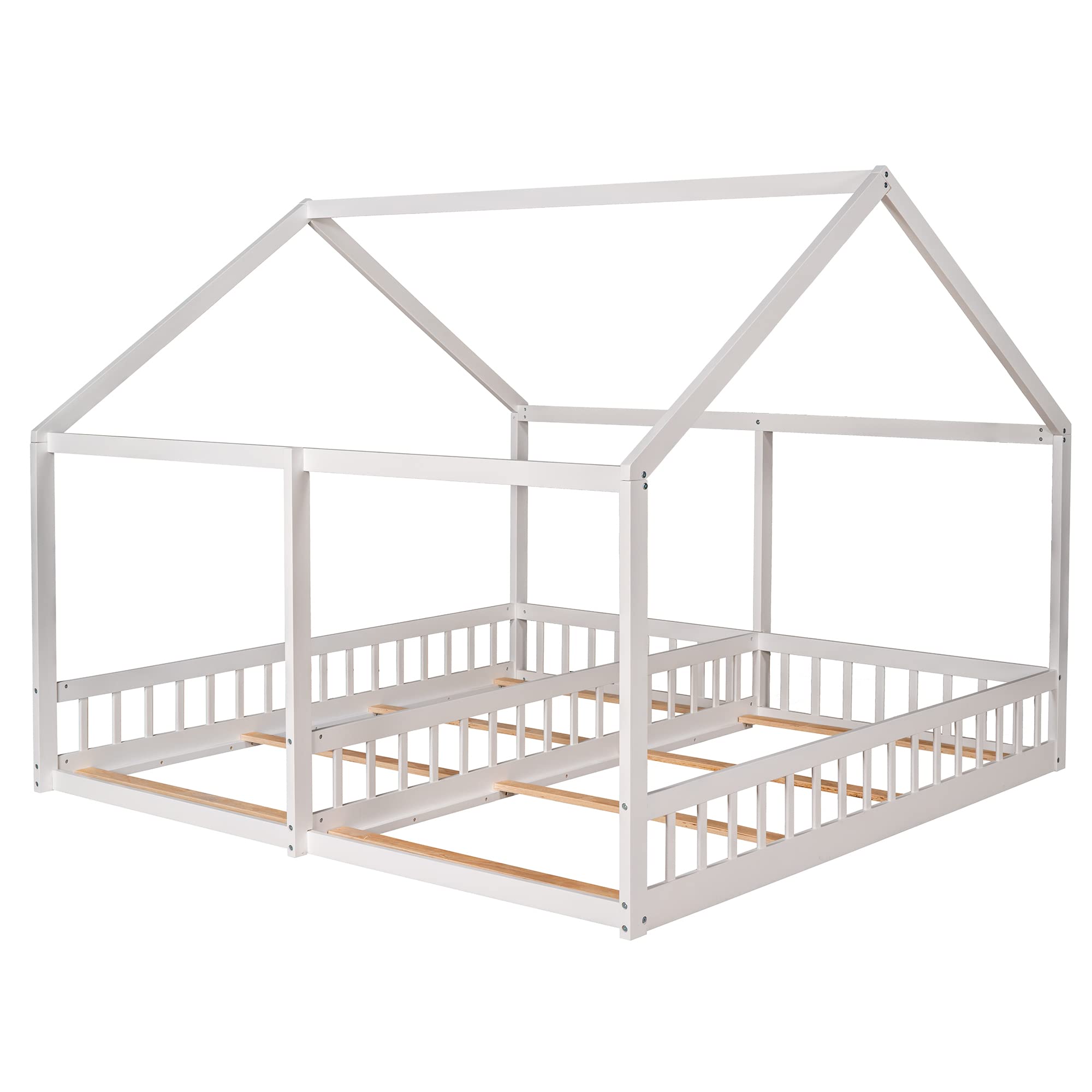 Twin House Bed for 2 Kids Wood Double Floor Beds Frame with Fence Railings Two Shared Beds for Boys Girls Teens, Twin Size, White