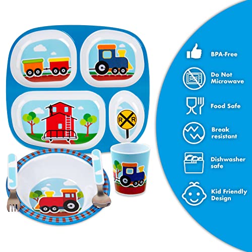 5 Pc Mealtime Set for Kids & Toddlers, Train Theme-Includes Divided Plate, Bowl, Fork & Spoon - Dishwasher Safe, Durable, BPA Free-Cute Compartment Dish to Put Food in 4 Sections for Easy Self-Feeding
