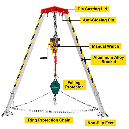 BestEquip Confined Space Tripod Kit 1200LBS Winch, Confined Space Tripod 7' Leg Bracket and 98' Cable, Confined Space Rescue Tripod 32.8' Fall Protection for Traditional Confined Spaces