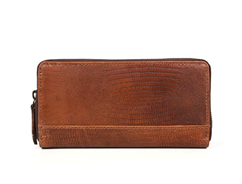 Aaron Leather Goods Women's RFID Blocking Large Capacity Leather Wallet Zip Around Phone Clutch Large Travel Purse Wristlet (Walnut)