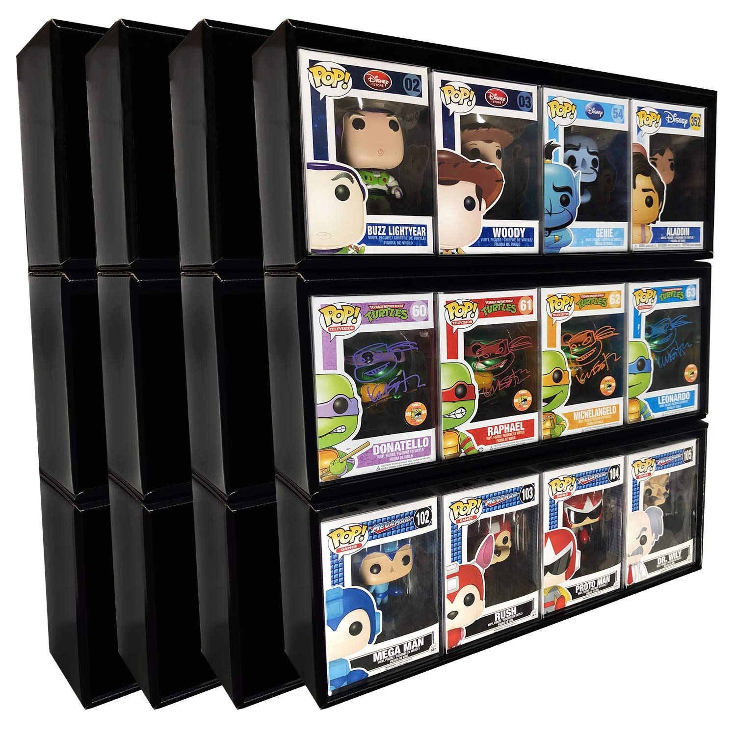 12 Single Row in Box Display Cases for 4 in. Funko Pop Collectible Toy Figures, Black Cardboard