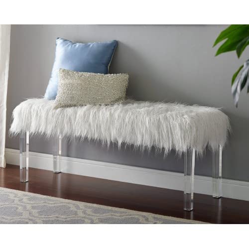 1pc White Glam Accent Bench with Faux Fur Seat Transparent Legs