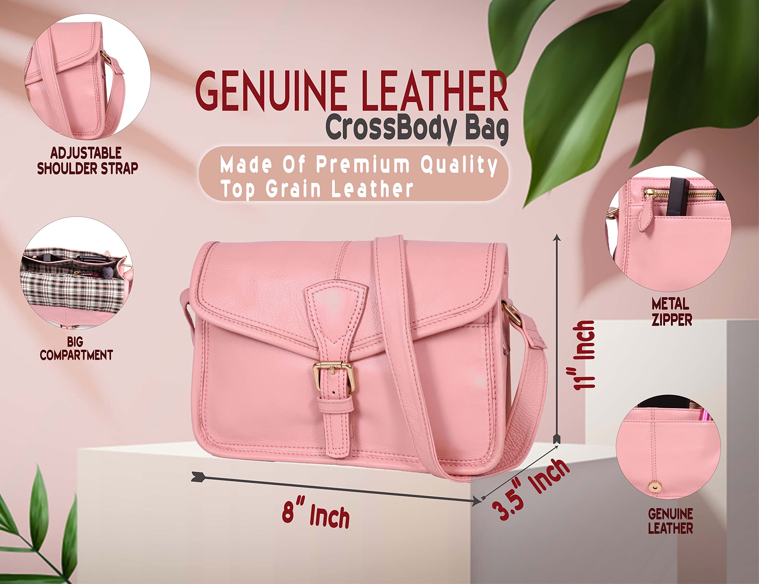 Aaron Leather Goods Crossbody Bags for Women Soft Leather Purses and Handbags Multi Pocket Shoulder Bag (Peach)