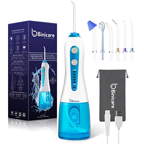 Binicare Water Flosser, Portable Oral Irrigator with 300ML Detachable Reservoir 5 Modes and 6 Jet Tips, Rechargeable & IPX7 Waterproof Water Flossers for Teeth Travel Home Office