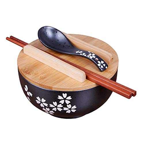 Japanese cuisine bowl with lid vintage ramen bowl with lid black ceramic instant noodle bowl black salad bowl soup bowl with wooden lid ( Color : Black , Size : 16168CM )