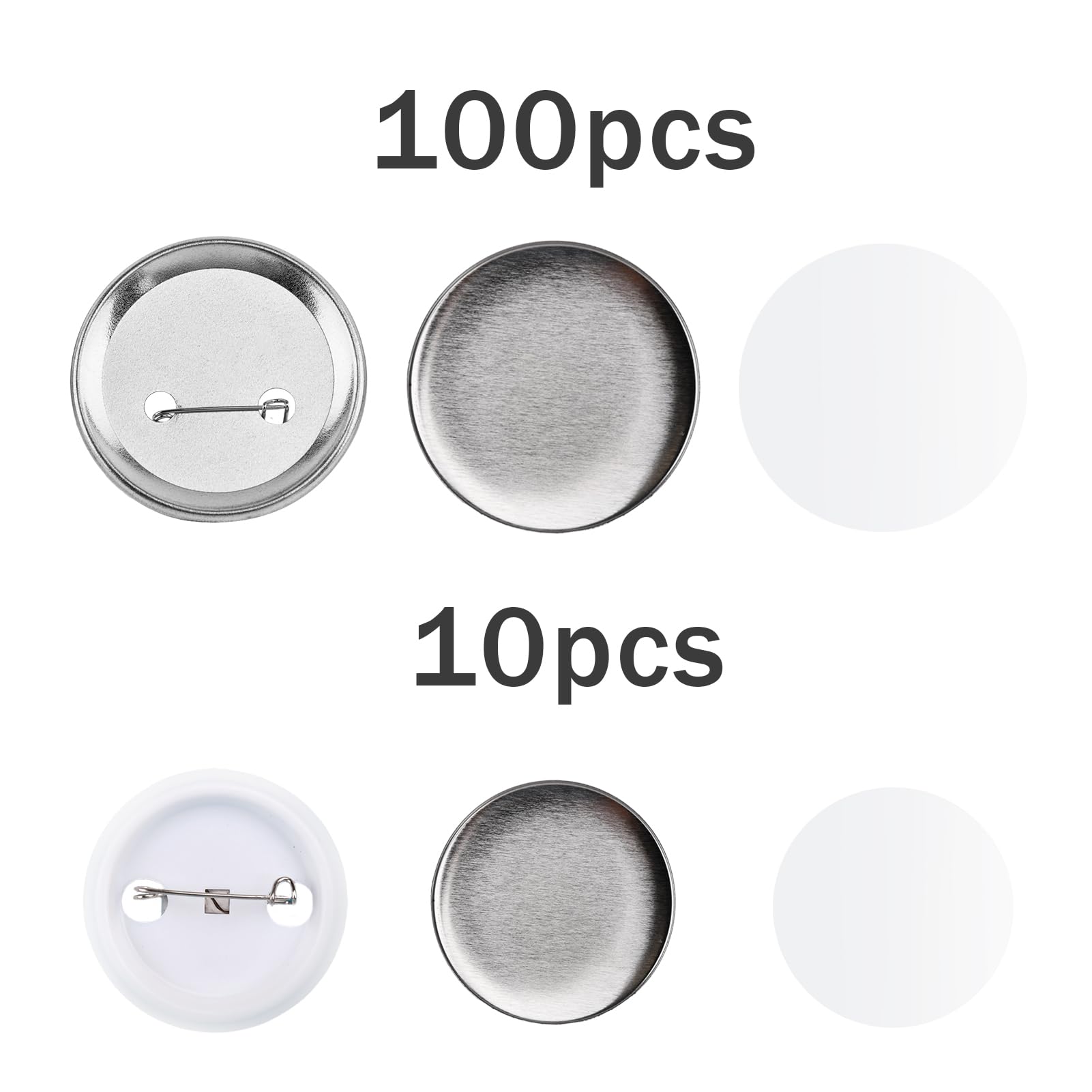 110 Pcs Blank Button Making Supplies for Button Maker Machine Round Badge Pin Button Parts, 58mm 44mm Metal Shells Back Cover Pin with Clear Film,for Crafts Supplie(Silver,White)
