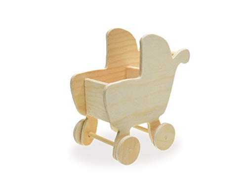 Baby Carriage Pram Stroller Miniature Wood for Baby Shower, Crafts, & DIY - 4 Inches Tall