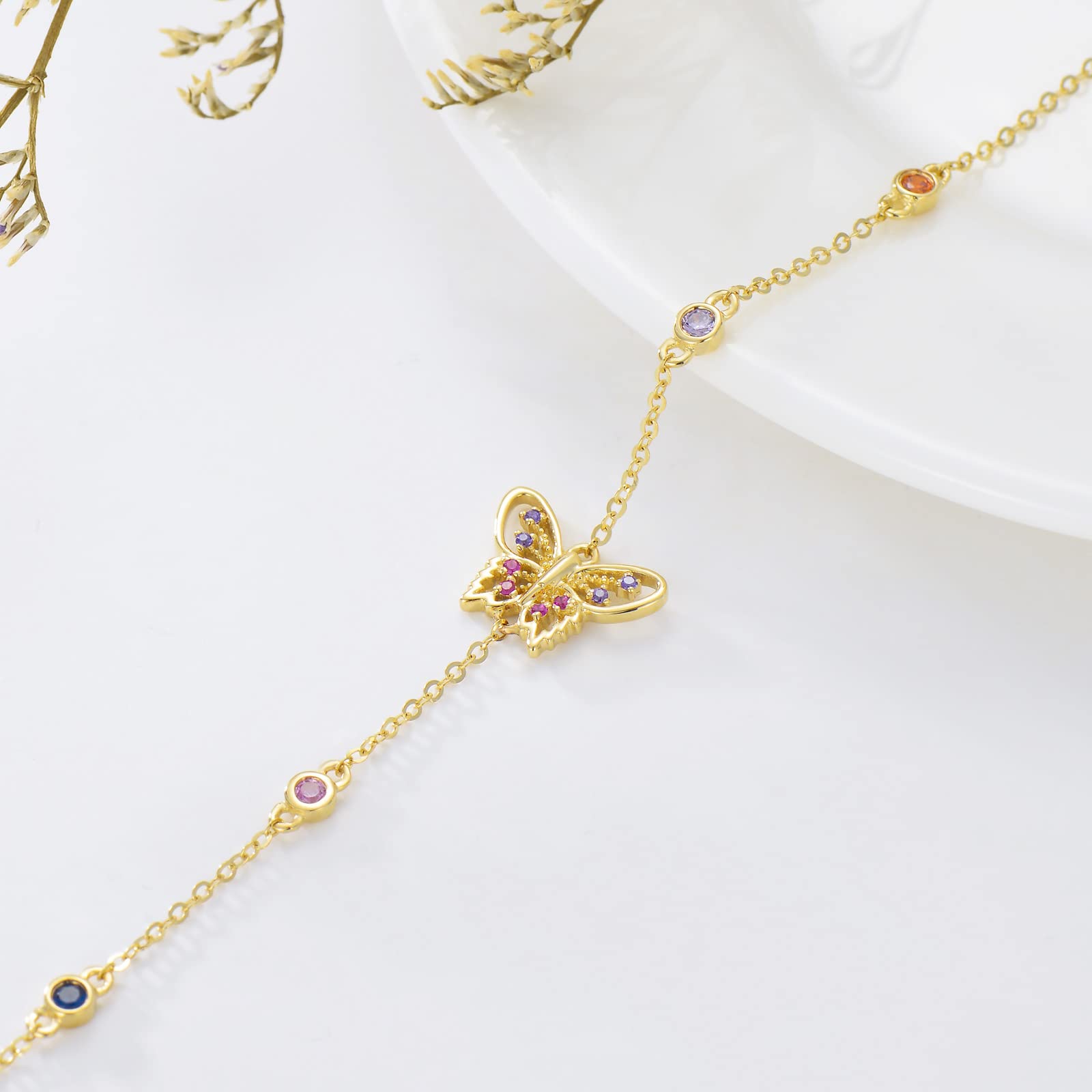 14K Gold Butterfly Bracelets for Women Adjustable Dainty Bracelet with Colorful Cubic Zirconia in 6.5"-8.5"