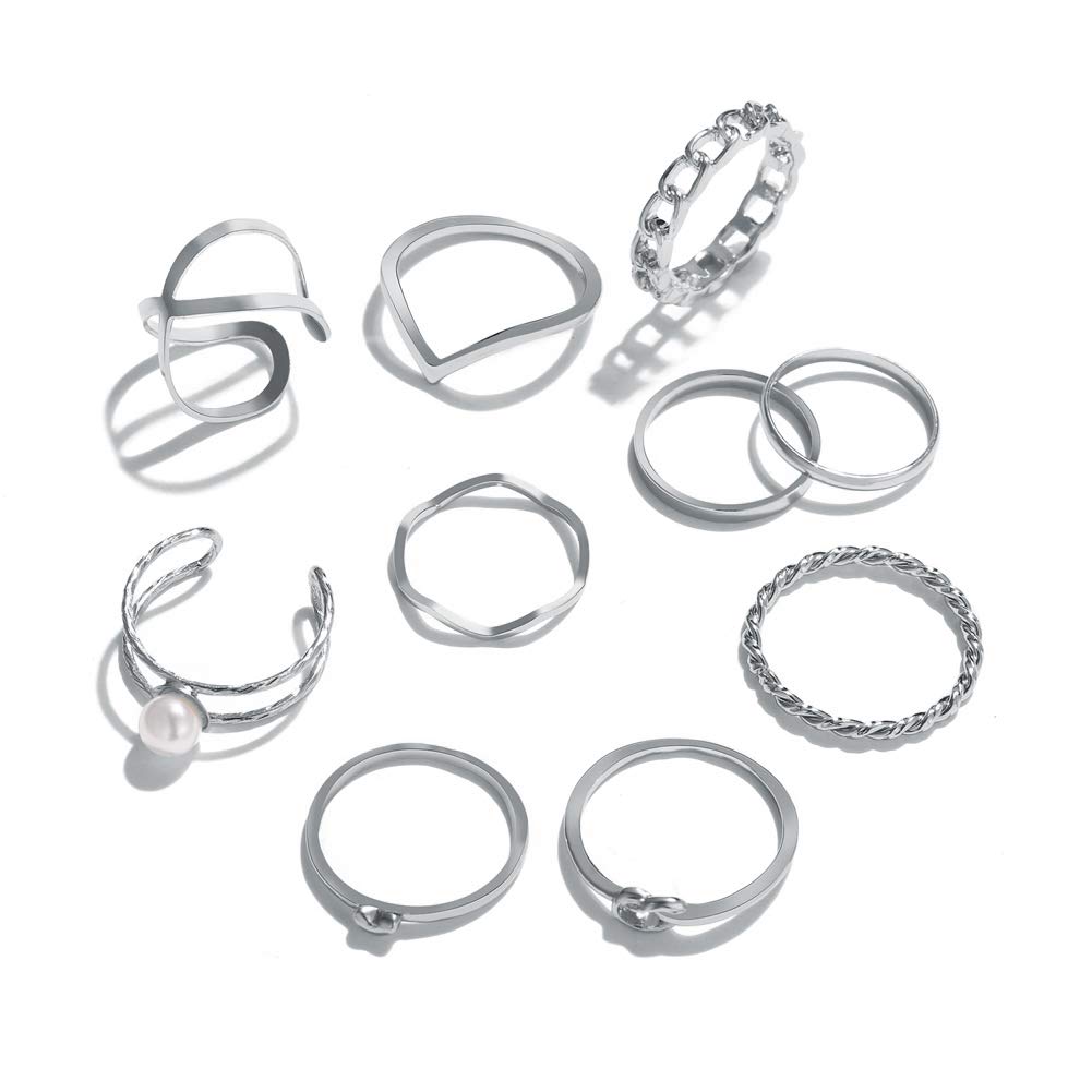 17 MILE 10 Pcs Vintage Knuckle Stackable Rings Set for Women, Bohemian Gold/Silver Plated Comfort Fit VSCO Wave Joint Finger Rings Gift (Pearl Gold) (Silver)