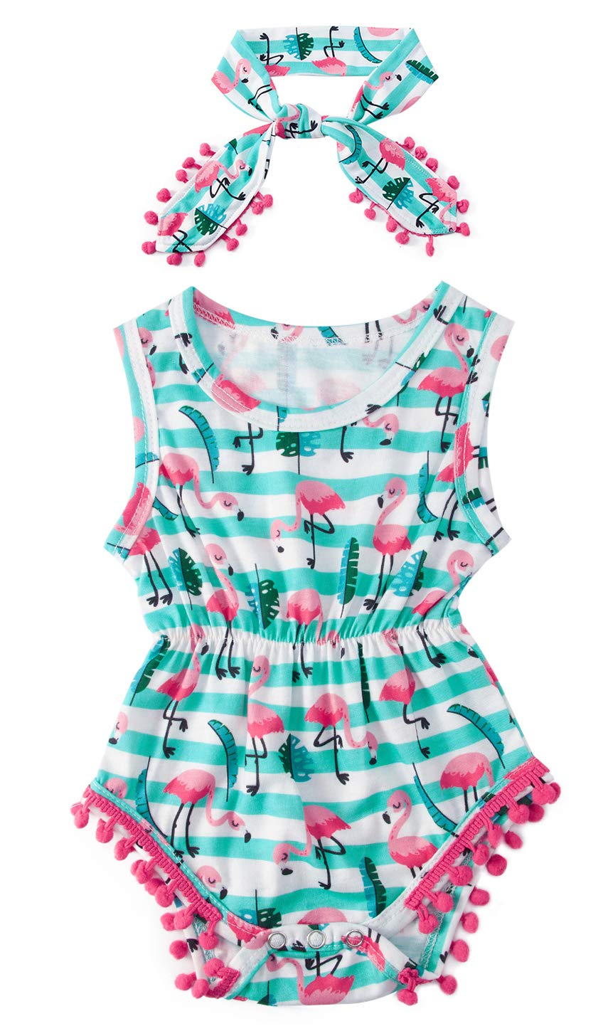 6-12 Months Toddler Flamingo Leaves Green White Stripe Pattern Sleeveless Jumpsuit Lovely Pink Pom Pom Tassel Baby Romper Series,Birthday Gifts