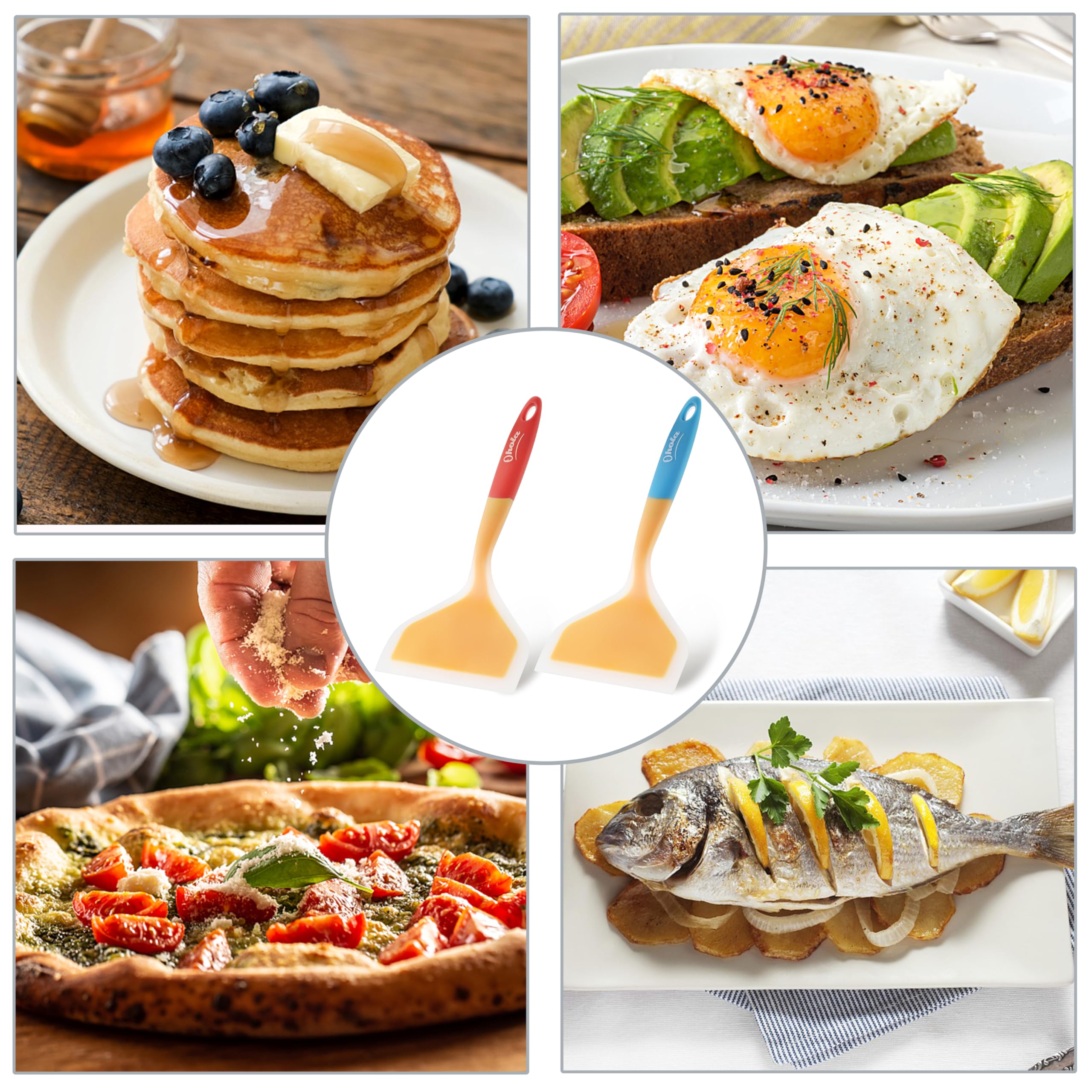 2PCS Wide Silicone Spatulas, OHOLA Heat Resistant Silicone Spatula Set, Kitchen Spatula for Pancake, Eggs, Fish and more, Flexible Turner with Short Handle, BPA-FREE, Dishwasher Safe (Multi-Color)