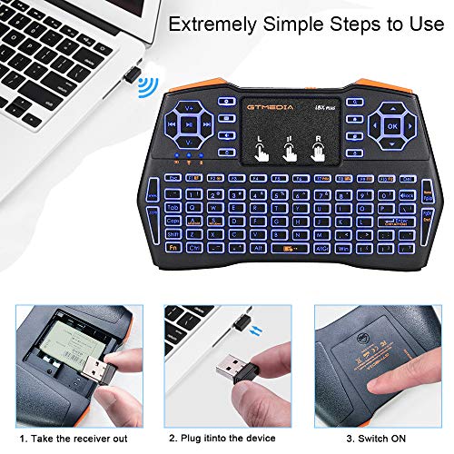 GTMEDIA 2.4G Mini Wireless Keyboard with Touchpad, USB Rechargeable Backlit QWERTY Keypad Remote Controller 92 Keys Gaming Mouse Combo for Laptop/Smart TV