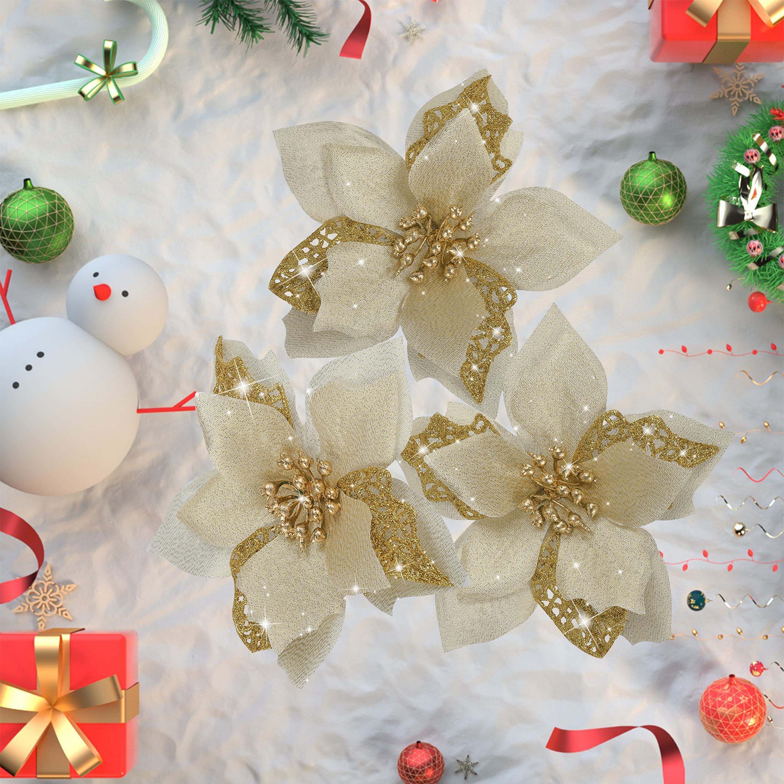 12-Pack 5.9'' Gold Glitter Poinsettia Artificial Flowers - Christmas Tree Decorations with Clips