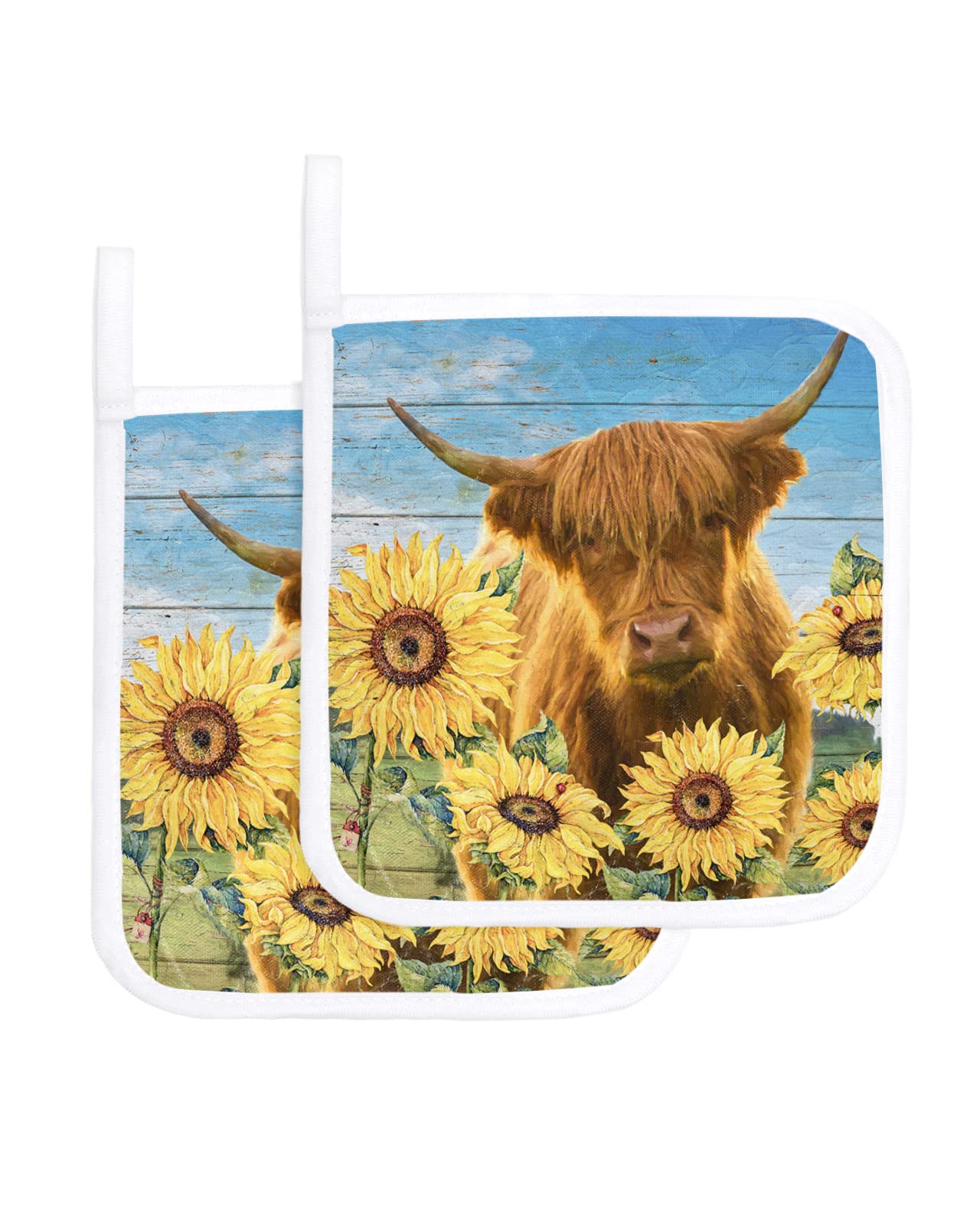 2 Pack Pot Holders for Kitchen Farm Scottish Highland Cow Yellow Sunflower Heat Proof Potholder Hot Pads Trivet,Vintage Farmhouse Wood Board Washable Coaster Potholders for Cooking Baking Grilling