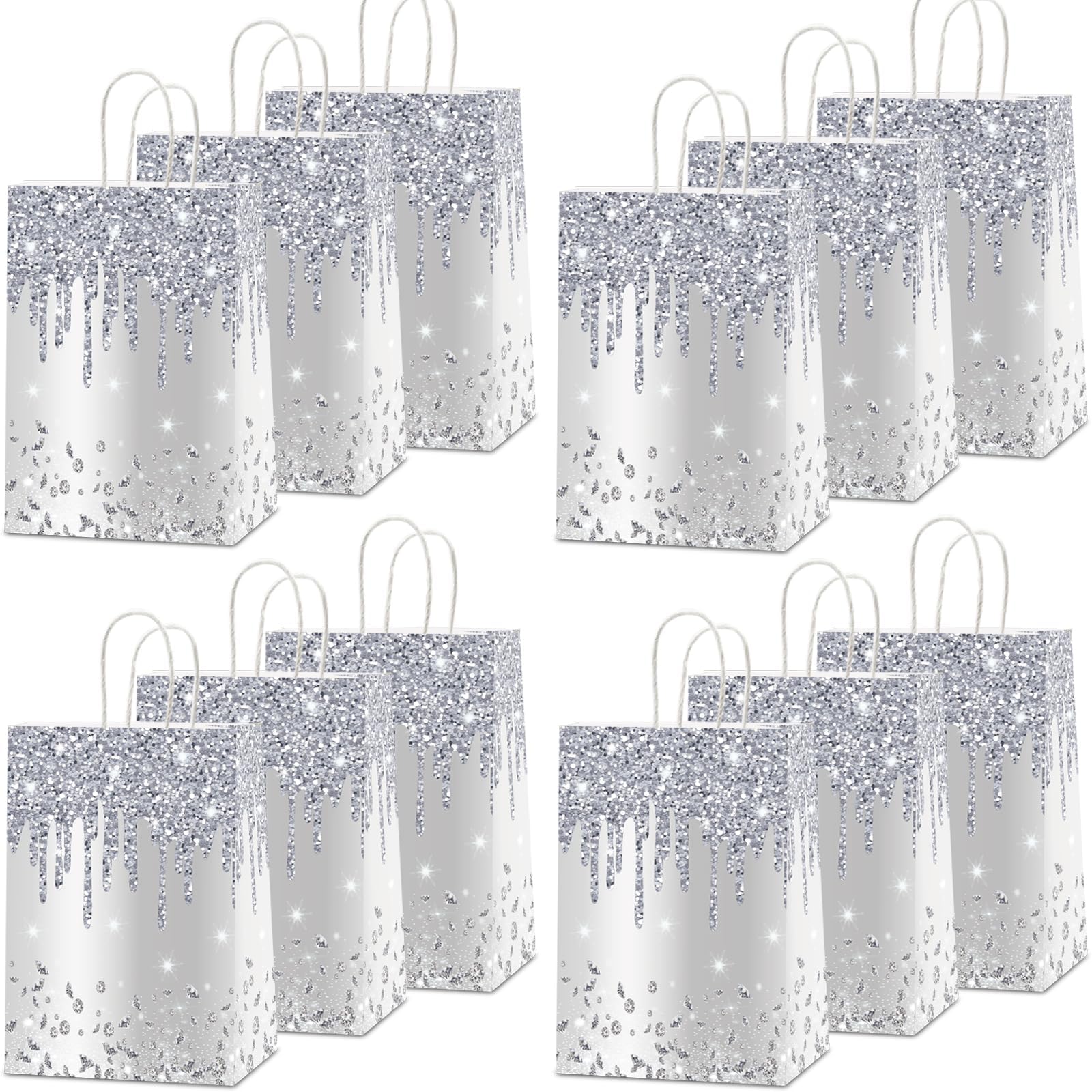 12Pcs Silver Glitter Gift Bags Glitter Diamond Goodie Bag Happy Birthday Treat Bag Diamond Silver Candy Bags Supply for Wedding Bridal Baby Shower Holiday Party Favors Decoration 4.7*3.15*8inch