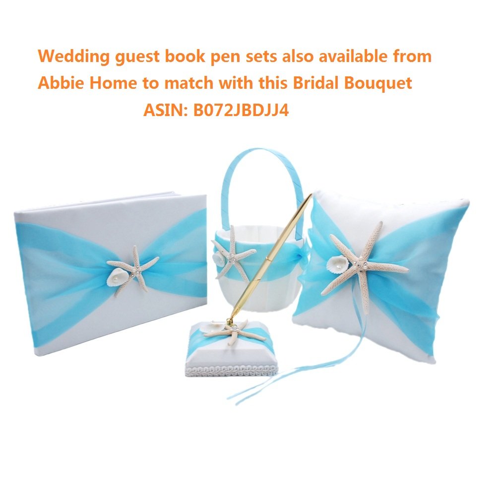 Abbie Home Real Touch Calla Lily Dahlia Bridal Bouquets Crystal Light Blue Ribbon Beach Wedding Rose Flowers Décor (B Round Bouquet)