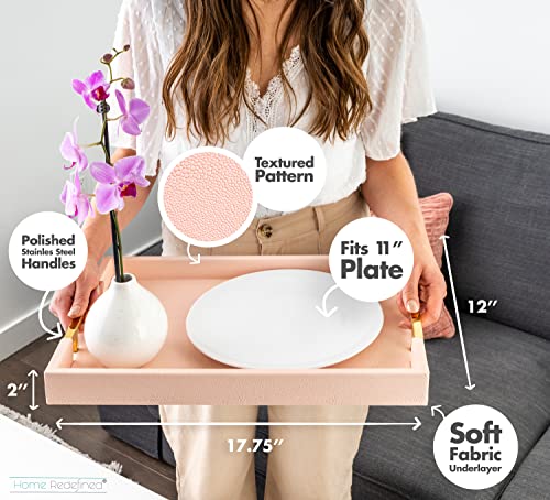 Home Redefined Modern Elegant 18"x12" Rectangle Baby Pink Tray Glossy Shagreen Decorative Ottoman Coffee Table Perfume Dresser Kitchen Serving Tray with Gold Polished Metal Handles for All Occasion's