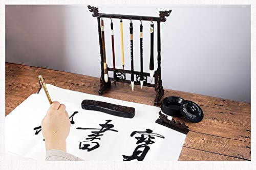 6 Pcs Brush Pen Set with Stand Holder Chinese Calligraphy Painting Art Wood Shelf Include Writing Brush