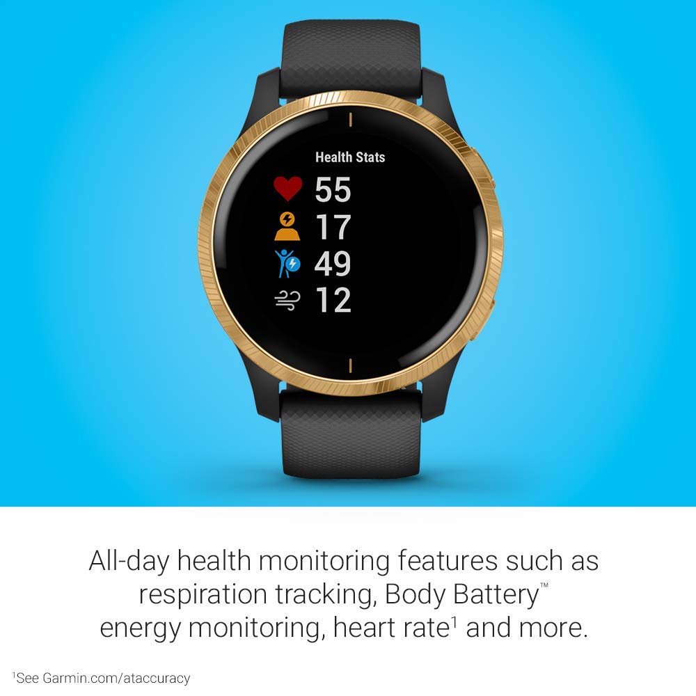 Garmin Venu GPS Smartwatch with Bright Touchscreen Display, Music, Body Energy Monitoring, Animated Workouts, Pulse Ox Sensor, Gold with Black Band (Renewed)