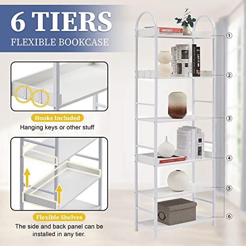 70.8 inch Tall Bookcase Book Organizer 6 Tier Industrial Rustic Bookshelf Storage Display Shelves with Round Top Frame Adjustable Foot Pad Open Metal Farmhouse Wooden Book Shelf,for Room/Office,White