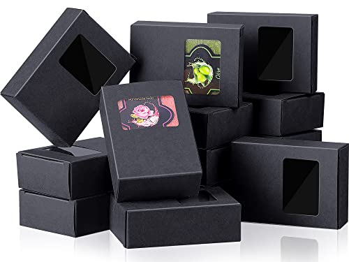 30 Pieces Soap Packaging Boxes Paper Soap Box Kraft Soap Box with Window Rectangle Window Gift Box for Homemade Soap Making Supplies Party Favor Treats Wrapping Packaging, 3.5 x 2.6 x 1.2 Inch (Black)