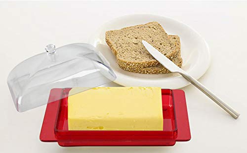 HOME-X Butter Keeper, Large Butter Dish with Lid, Versatile Food Container, Butter Dish with Handled Lid, 6 1/8" x 2 ½" W x 3 ¾" H, Red