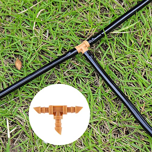FOGWOWO 100pcs 1/4" drip Irrigation kit 3-Way Fitting, Brown Connector with Barb, Universal Fitting for drip Irrigation Hose, Lawn, Sprinkler systemirrigation System