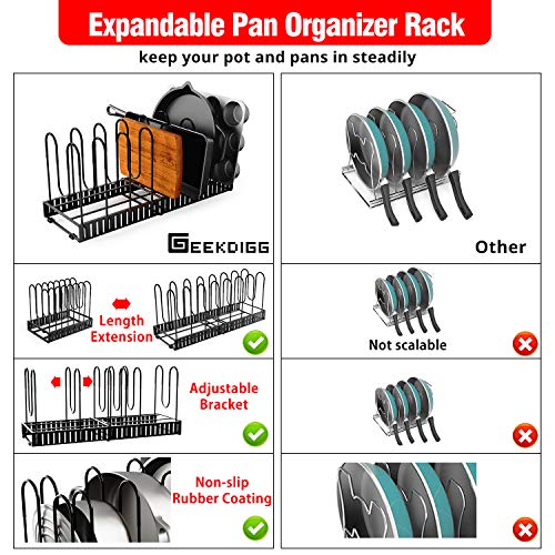 GeekDigg Pot Organizer Rack for Cabinet, Adjustable and Expandable 8+ Pans Pots Lid Organizer Rack Holder, Cabinet Pantry Countertop Bakeware Organizer