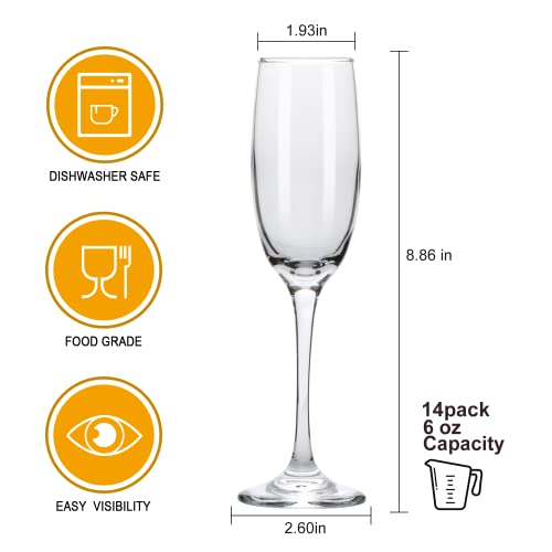 6oz Champagne Flute,Clear Champagne Glasses Set of 14,Elegant Stemmed Champagne Glasses Sparkling Wine Glasses for Birthday,Parties,Wedding