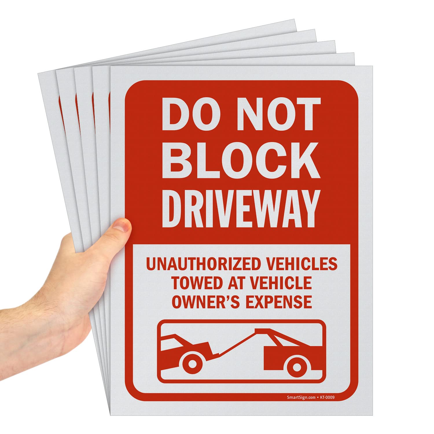 SmartSign (Pack of 5) 12 x 9 inch “Do Not Block Driveway - Unauthorized Vehicles Towed” Sign, Screen Printed, 10 mil Polystyrene Plastic, Red and White, Made in USA