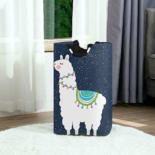 CaTaKu Starry Night Alpaca Laundry Hamper,Cute Llama Laundry Basket Box Big Storage Waterproof Easy Carry for Family Dormitory Laundry Room, 12.6 x 11 x 22.7 Inches