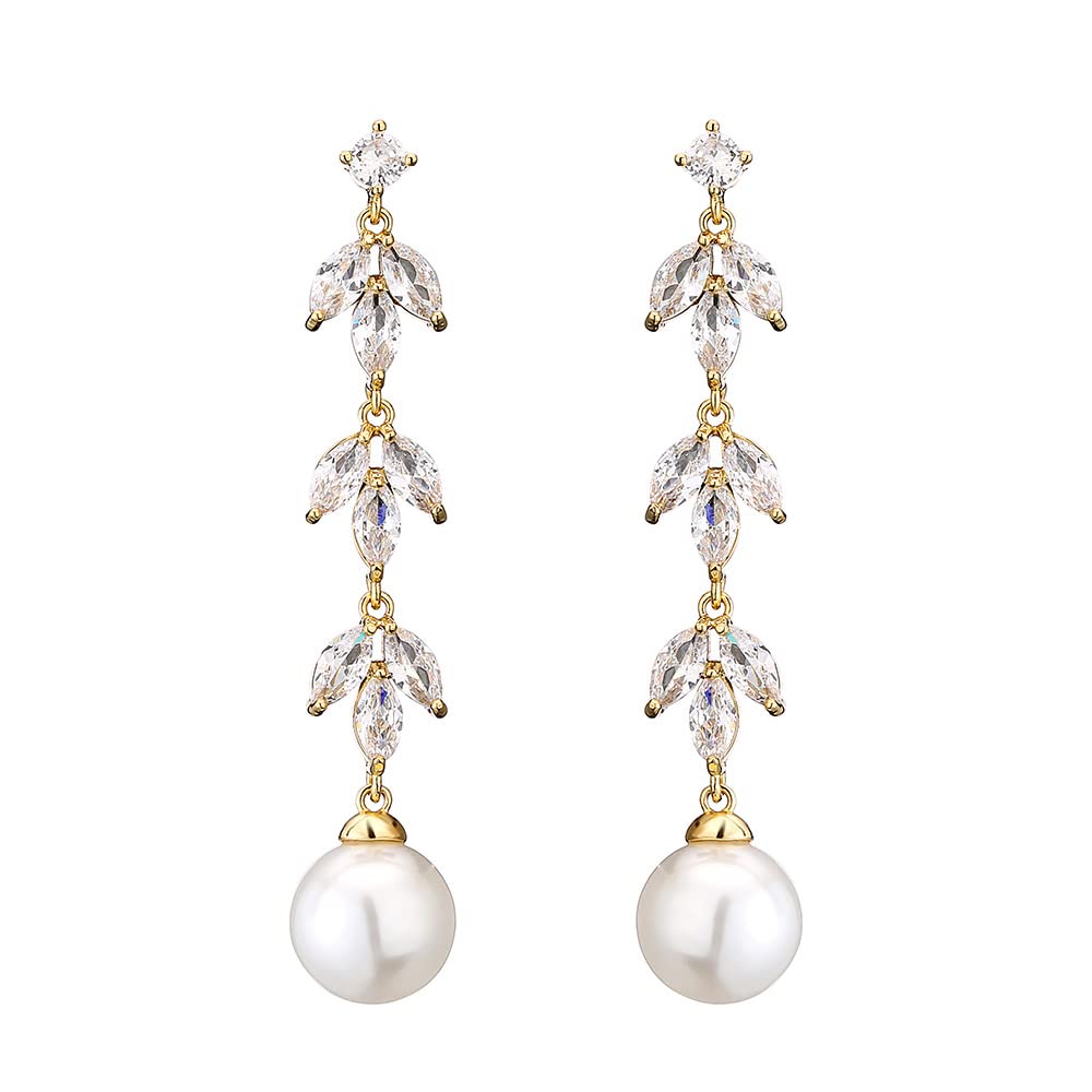 14K Gold Natural Crystal Pearl Dangle Earrings for Women, Simple Leaf Long Dangle Earrings, Fashion Christmas Jewelry Gift (Yellow Gold, 14K)