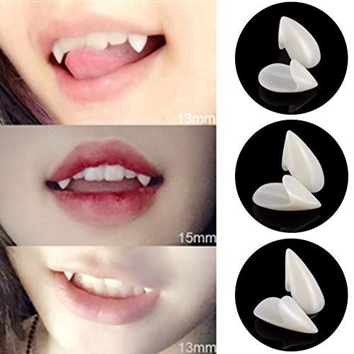 Gustum 3 Pairs Vampire Fangs Teeth with 1 Tube Teeth Pellets Adhesive Halloween Horror Party Cosplay Costumes Accessory Prop Decoration