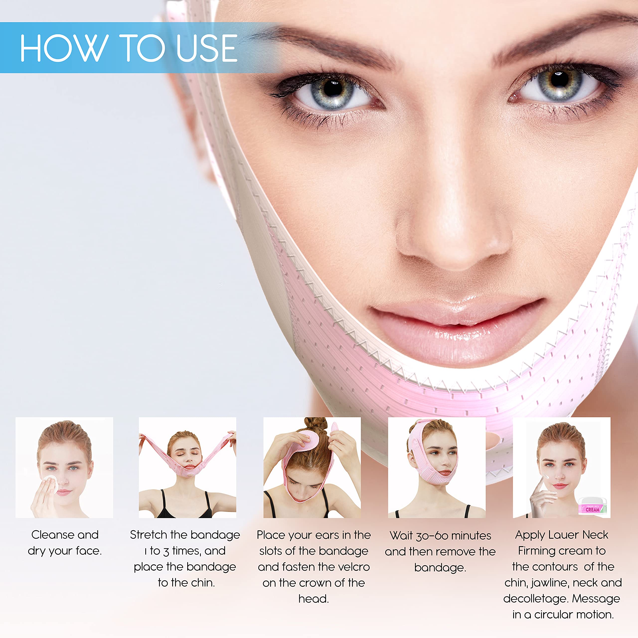LAUER COSMETIC Double Chin Reducer Chin Strap Face Mask Reusable V Shaped Slimming Face Mask & Neck Firming Cream V Line Lifting Mask Chin Up Patch (Pink)