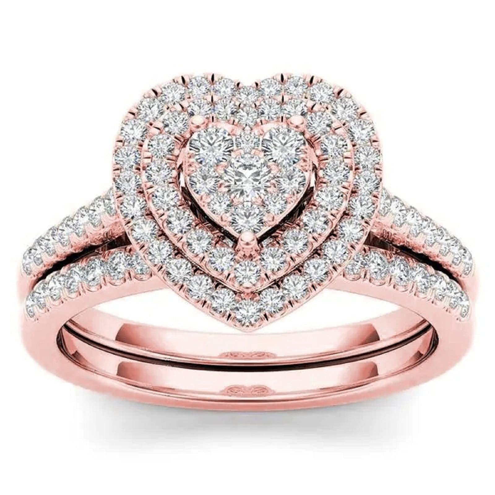 2 in 1 Full Diamond Inlaid Ring 2pc Fashion Heart Shaped Ring Engagement Wedding Jewelry Gift
