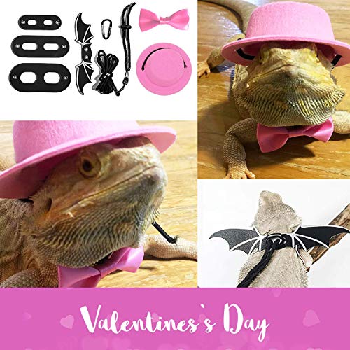 Bearded Dragon Lizard Leash Harness Hat Bowtie Set -Bearded Dragon Top Hat + Bow Tie Collar Costume Accessories + 3 Pack Harness Leash for Lizard Reptile Party Photo Props
