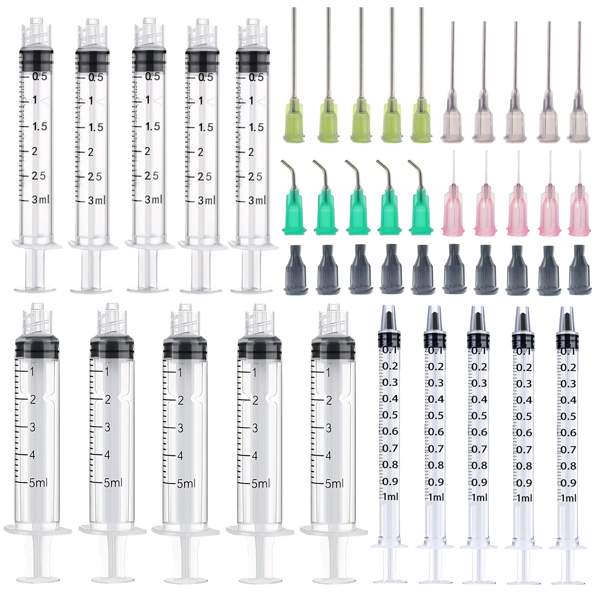 15 Pack 1ml, 3ml, 5ml Glue Dispenser with14ga, 16ga, 18ga, 20ga Dispensing tip and Caps. Measuring Liquids and Refilling,Glue Applicator or Oil.