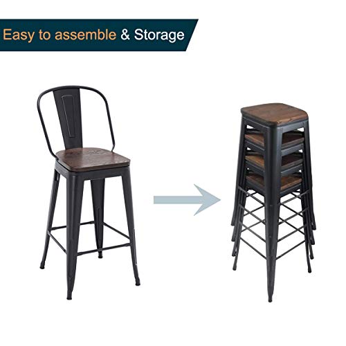 Alunaune 24" Swivel Metal Bar Stools Set of 4 High Back Counter Height Barstools Industrial Dining Bar Chairs with Large Wooden Seat-Matte Black