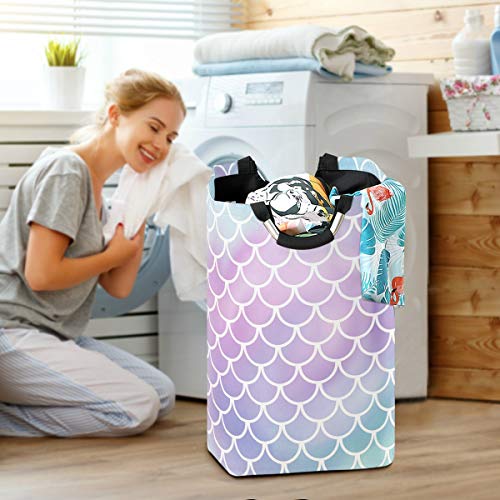 Blueangle Large Violet And Blue Mermaid Scales Laundry Basket Collapsible Oxford Fabric Laundry Hamper Foldable Clothes Laundry Bag with Handles