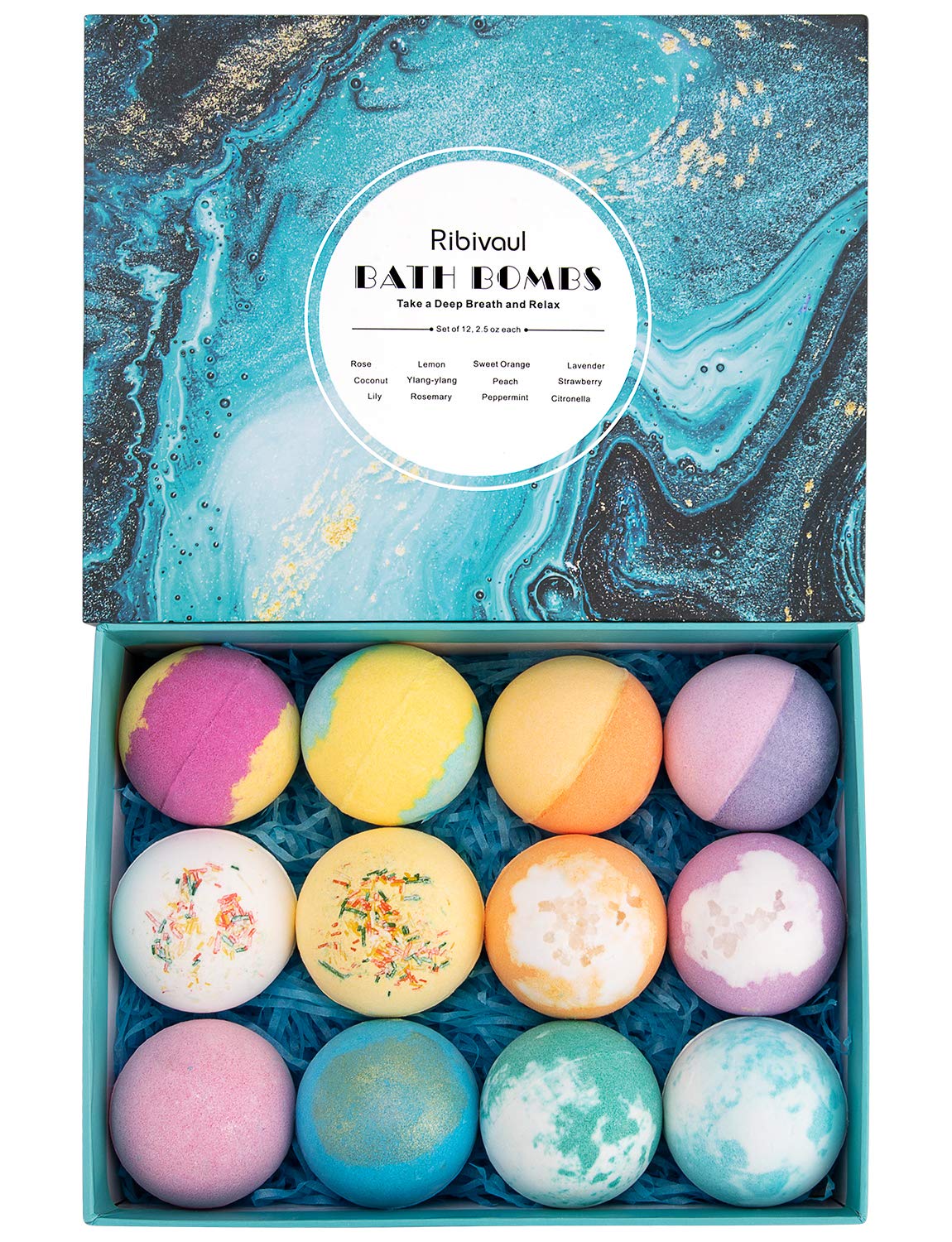 Bath Bombs 12 PCS Gift Set, Ribivaul Handmade Natural & Organic Bath Bomb with Rich Bubbles and Colors, Idea Mother's Day Gift for Men/Women/Kids/Friends