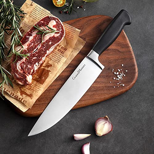 GrandMesser Chef Knife, 8 inch Kitchen Knife, Carbon Stainless Steel Cooking Knife with Ergonomic Handle and Sharpener, Chopping Knife for Professional Use
