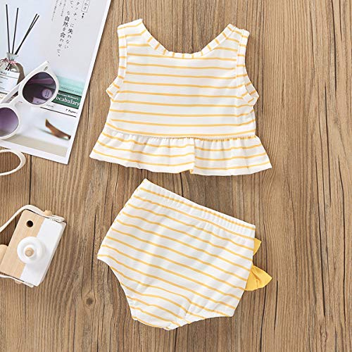 Baby Girl Bikini Striped Beach Swimsuit Ruffles Bathing Suit Adjustable Swimwear 2 Pcs Set (0-6 Months, B Yellow)