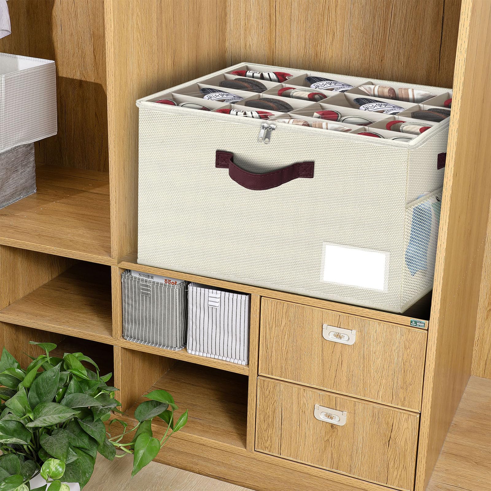 2 Pack Large Shoe Organizer for Closet, Adjustable Dividers Shoe Storage Bins Boxes, Foldable Shoe Holder Cube Containers with Clear Cover for Men’s shoes, High heel,Sneaker,Slippers,Boots(Beige).