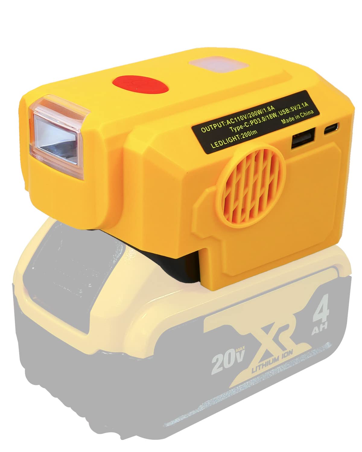 200W Power Inverter Generator Fit for Dewalt 18V 20V MAX XR Lithium Battery, DC 20V 18V to AC 110V-120V Portable Power Station with USB Type C Fast Charging and LED Light USB Charger Adapter