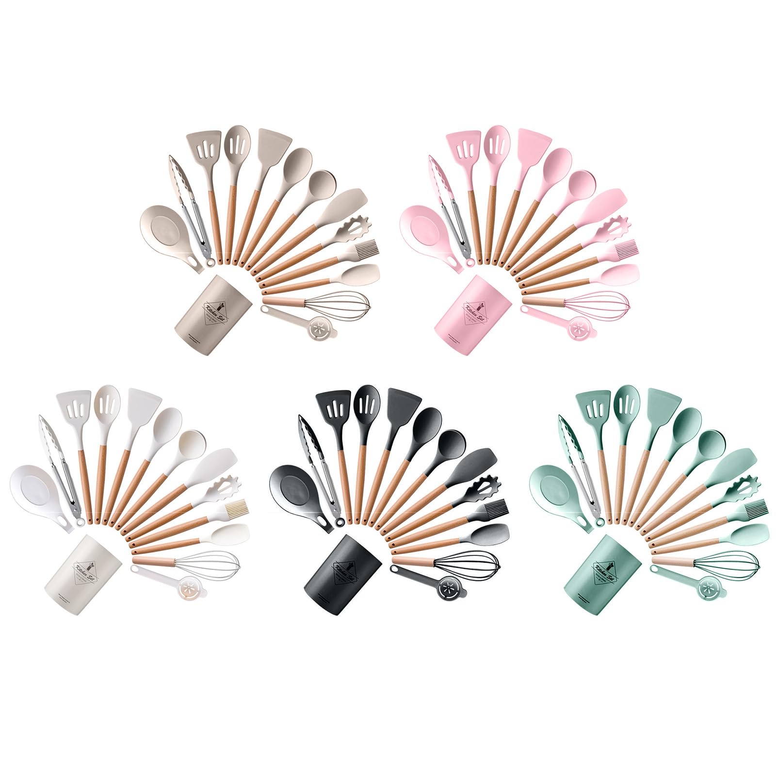 14 Pcs Silicone Kitchen Utensil Set Tongs Spoon Spatula Wood Handle Cooking Utensils Kitchen Gadget Tools Set Non Stick Heat Resistant Cooking Utensils