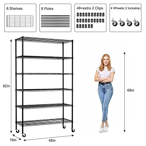 6 Shelf Wire Shelving Adjustable Storage Shelves Steel Wire Rack Metal Shelf 2100Lbs Capacity Standing Storage Shelf Units for Laundry Kitchen Garage Pantry Closet ( Black, 48" L x 18" W x 82")