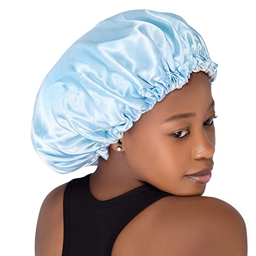 Cospack Satin Bonnet Sleep Bonnet Cap - Extra Large Double Layer Reversible Adjustable Satin Cap for Sleeping Hair Bonnet (L.blue+Beige)