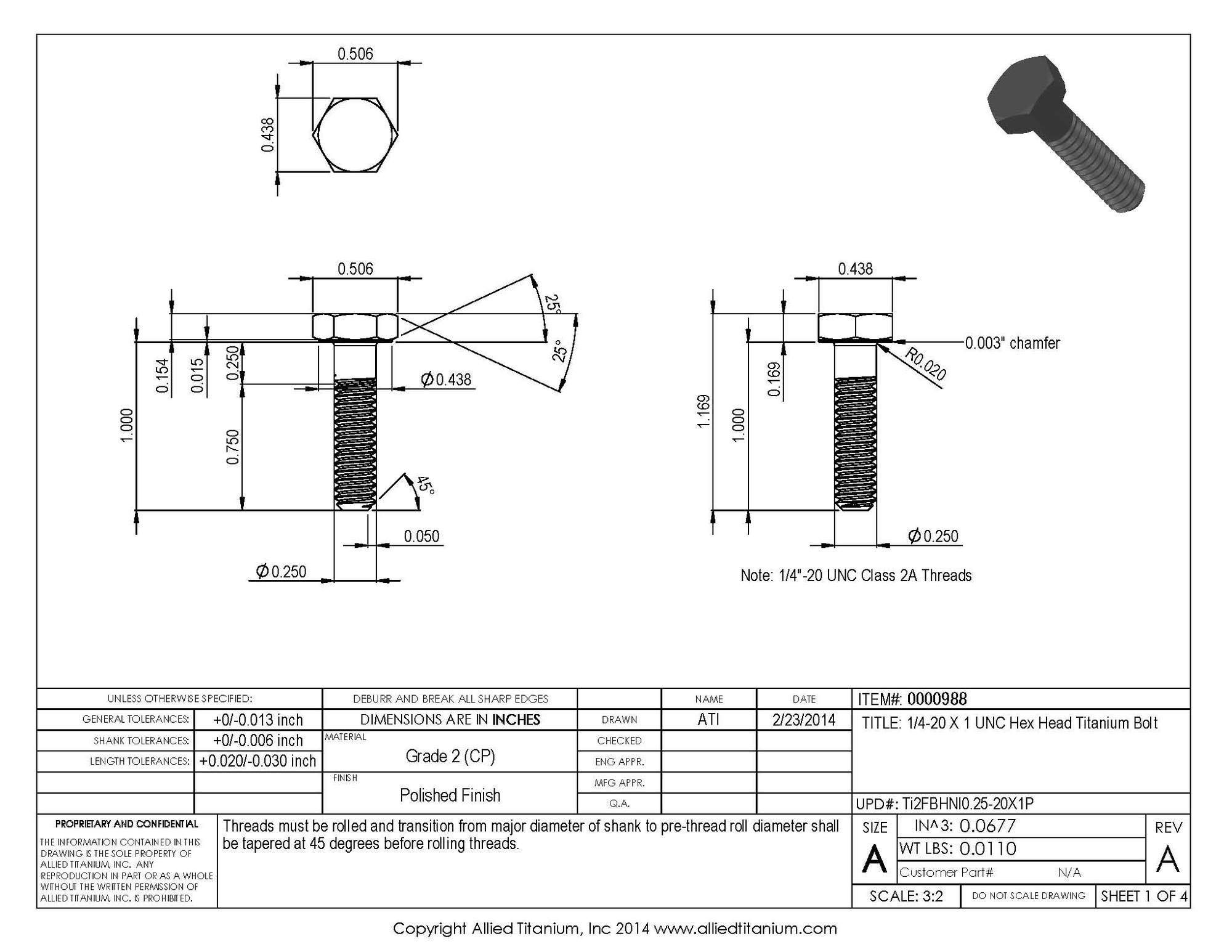 Allied Titanium 0000988, (Pack of 12) 1/4-20 X 1 UNC Titanium Hex Head Bolt, Grade 2 (CP)