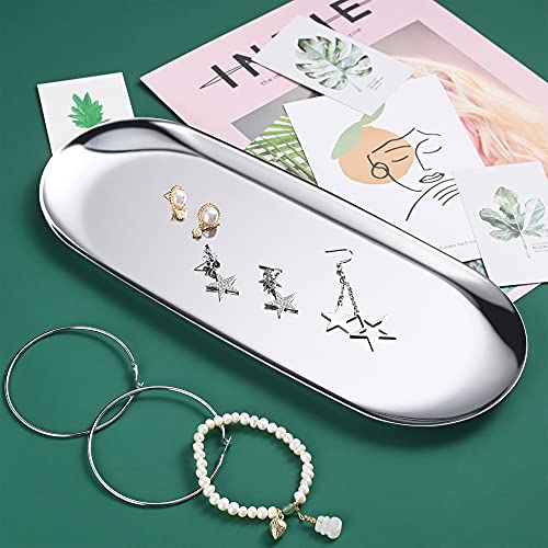 2 Pack Silver Oval Vanity Tray, Stainless Steel Jewelry Tray, Bathroom Tray, Makeup Cosmetic Trays,Towel Napkin Tray,Storage Organizer,11.8 x 4.8 inches (LxW),Large